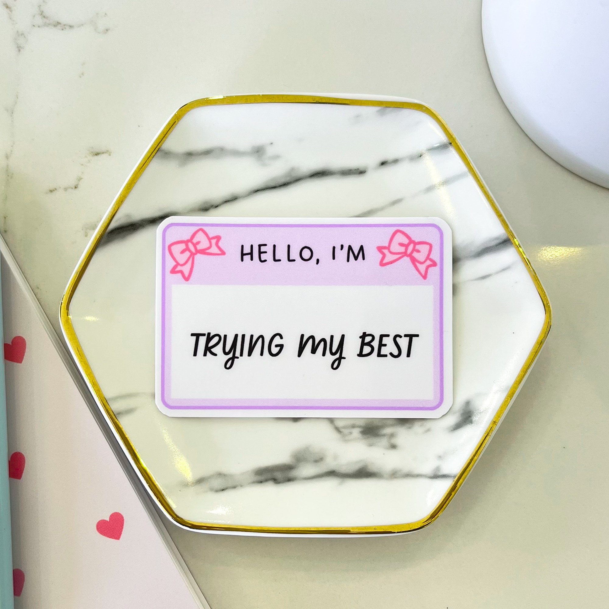 Cute Coquette Pink Bow Waterproof Sticker, Trying My Best, Pink and ...