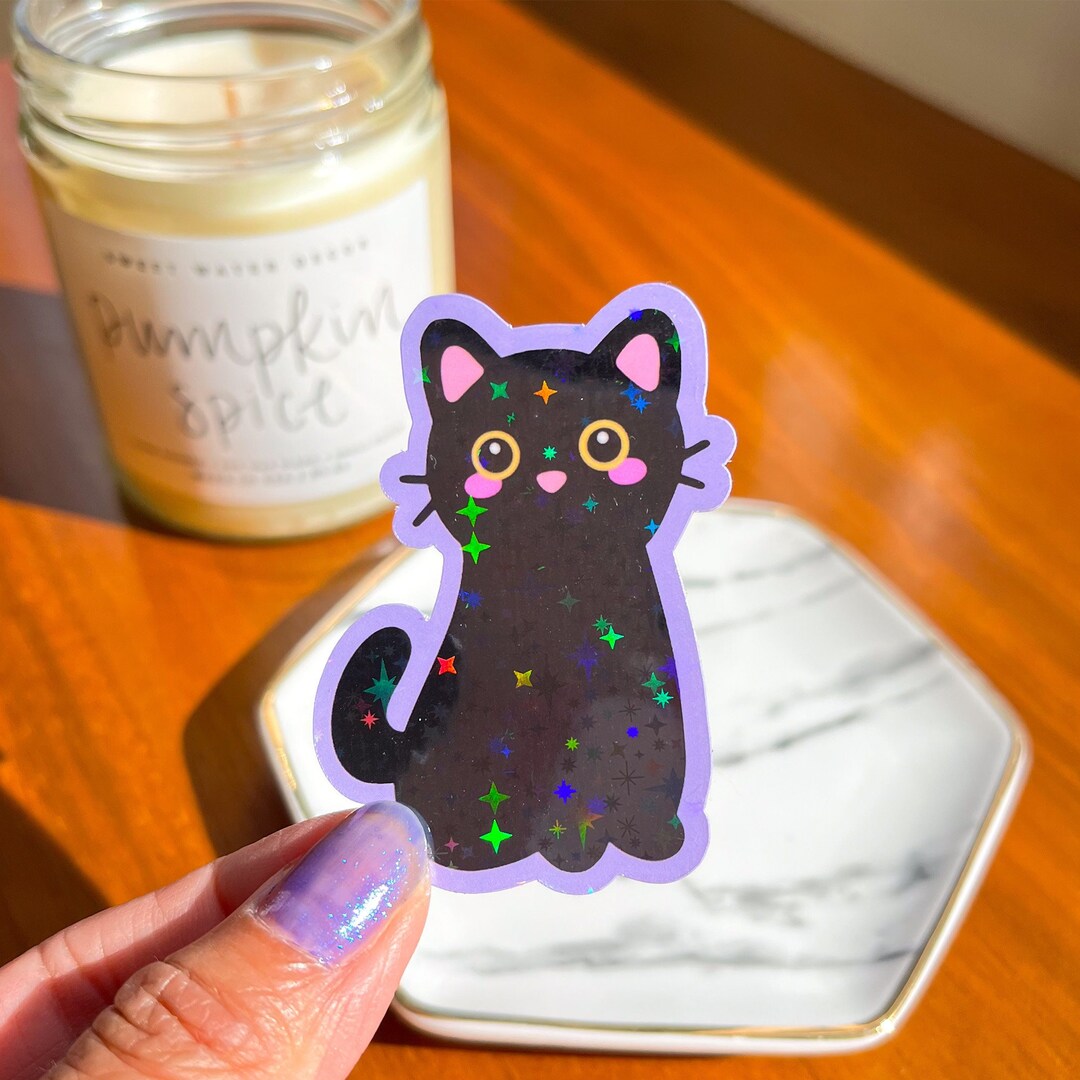 Cute Black Cat Waterproof Sticker, Cat Lover Holographic Sticker ...