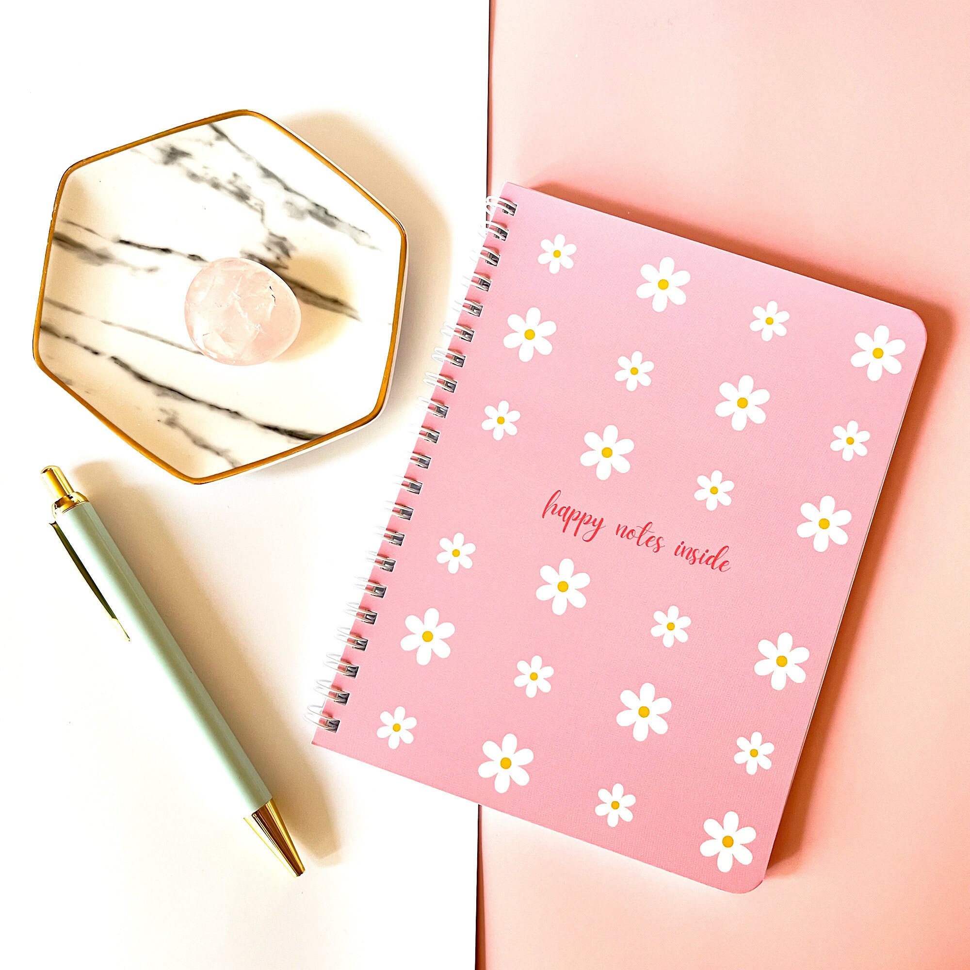 Pink Daisies Notebook, Happy Notes Inside Cute Spiral Notebook, Ruled ...