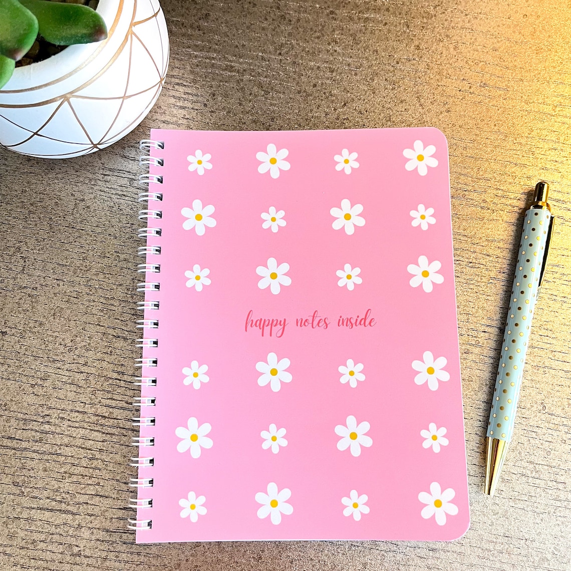 Pink Daisies Notebook, Happy Notes Inside Cute Spiral Notebook, Ruled ...