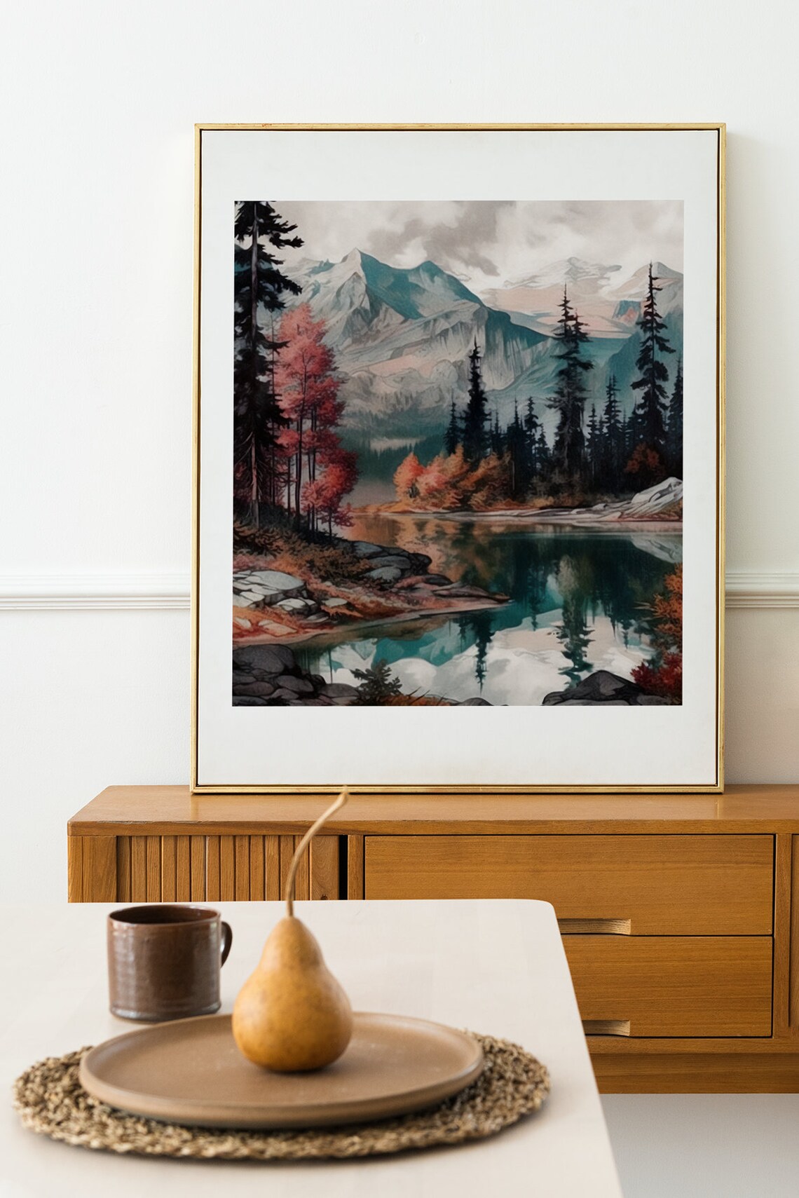 Vintage Lakeside, Majestic Peaks, Mist, Forest, Diffused Color Palette ...