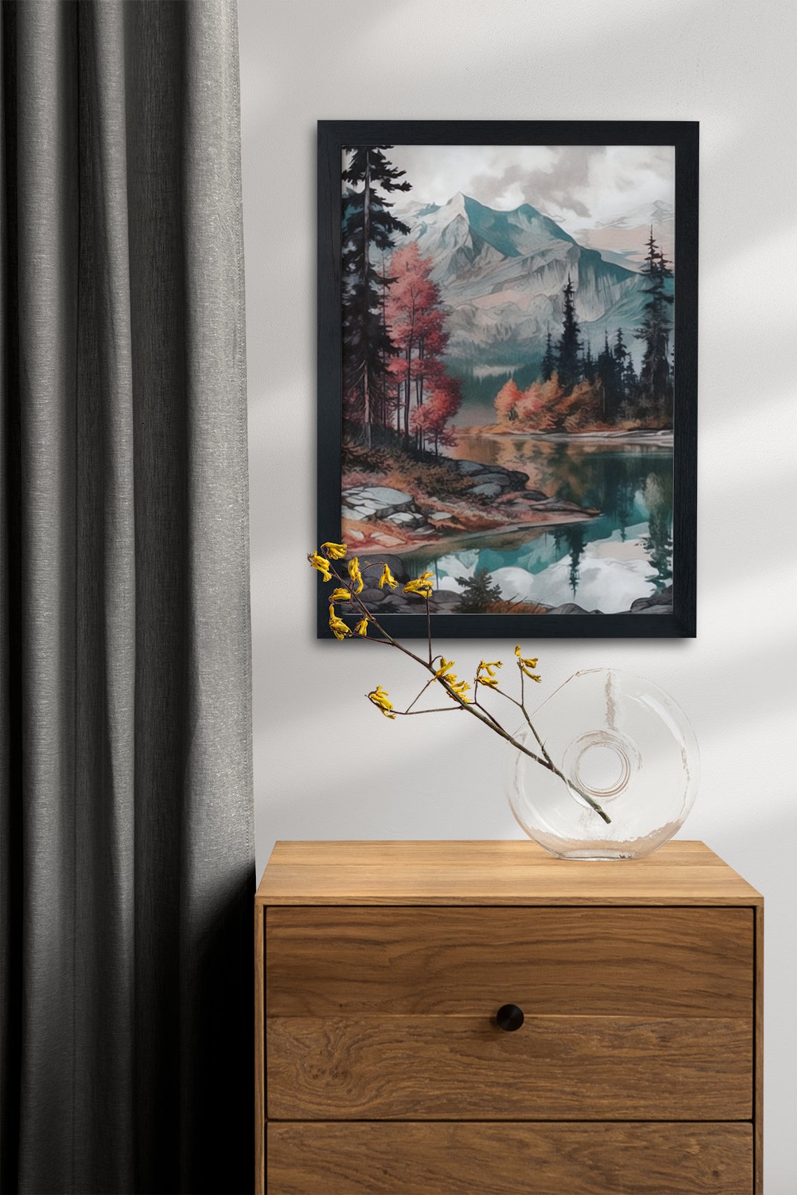 Vintage Lakeside, Majestic Peaks, Mist, Forest, Diffused Color Palette ...