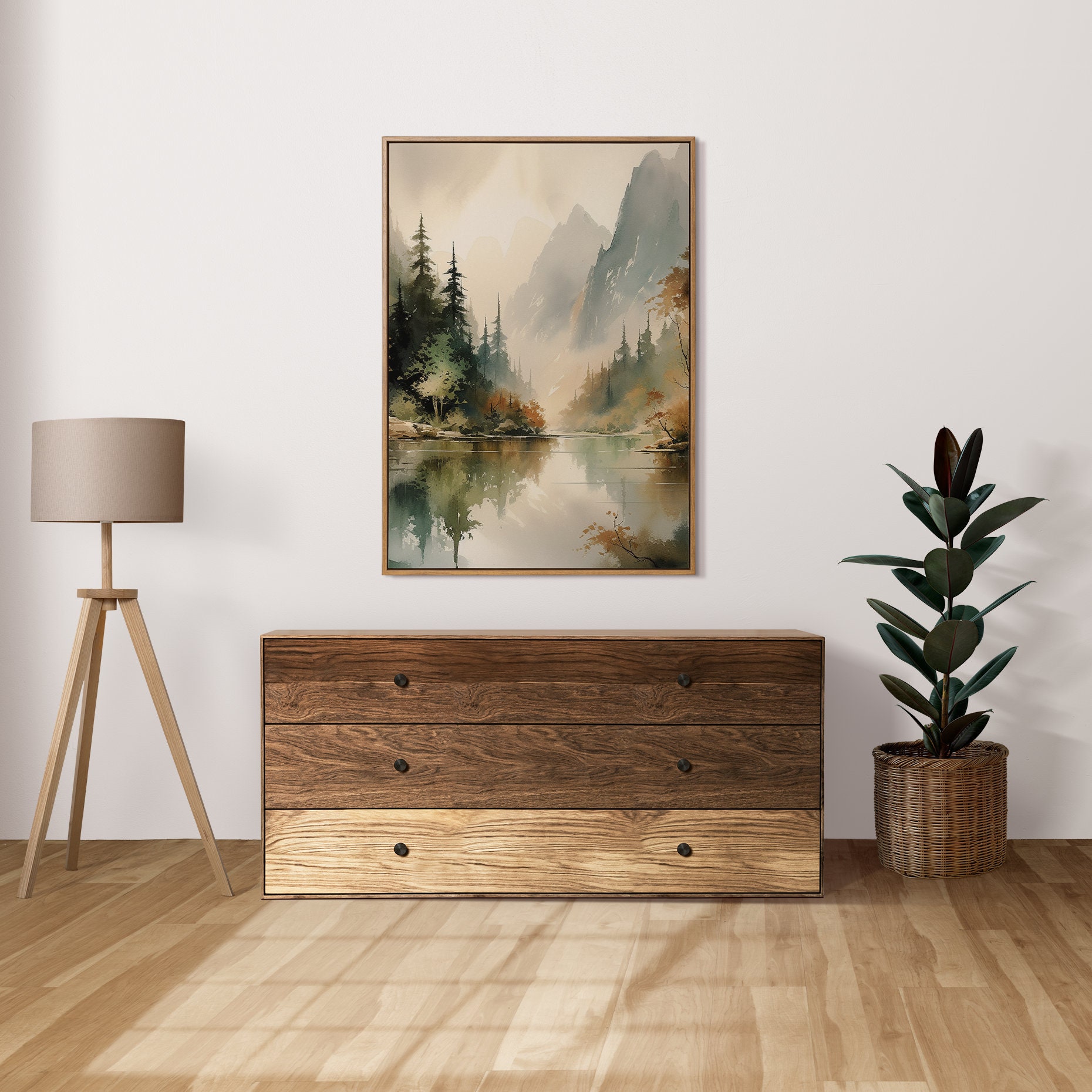 Serene, Misty Watercolor Landscape, Majestic Peaks, Mist, Lush Forests ...
