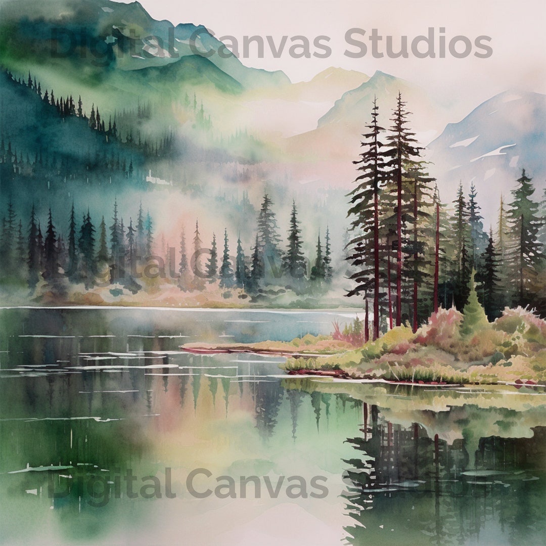 Shrouded in Mist, Serene, Misty Watercolor Landscape, Majestic Peaks ...