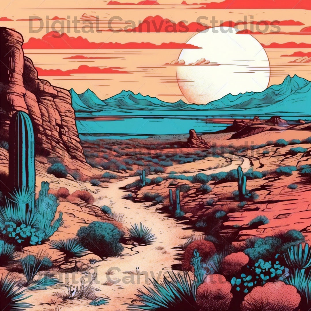 Retro Desert, Desert Landscape, Cool Tones, Cactus, Saguaro, Home Decor ...