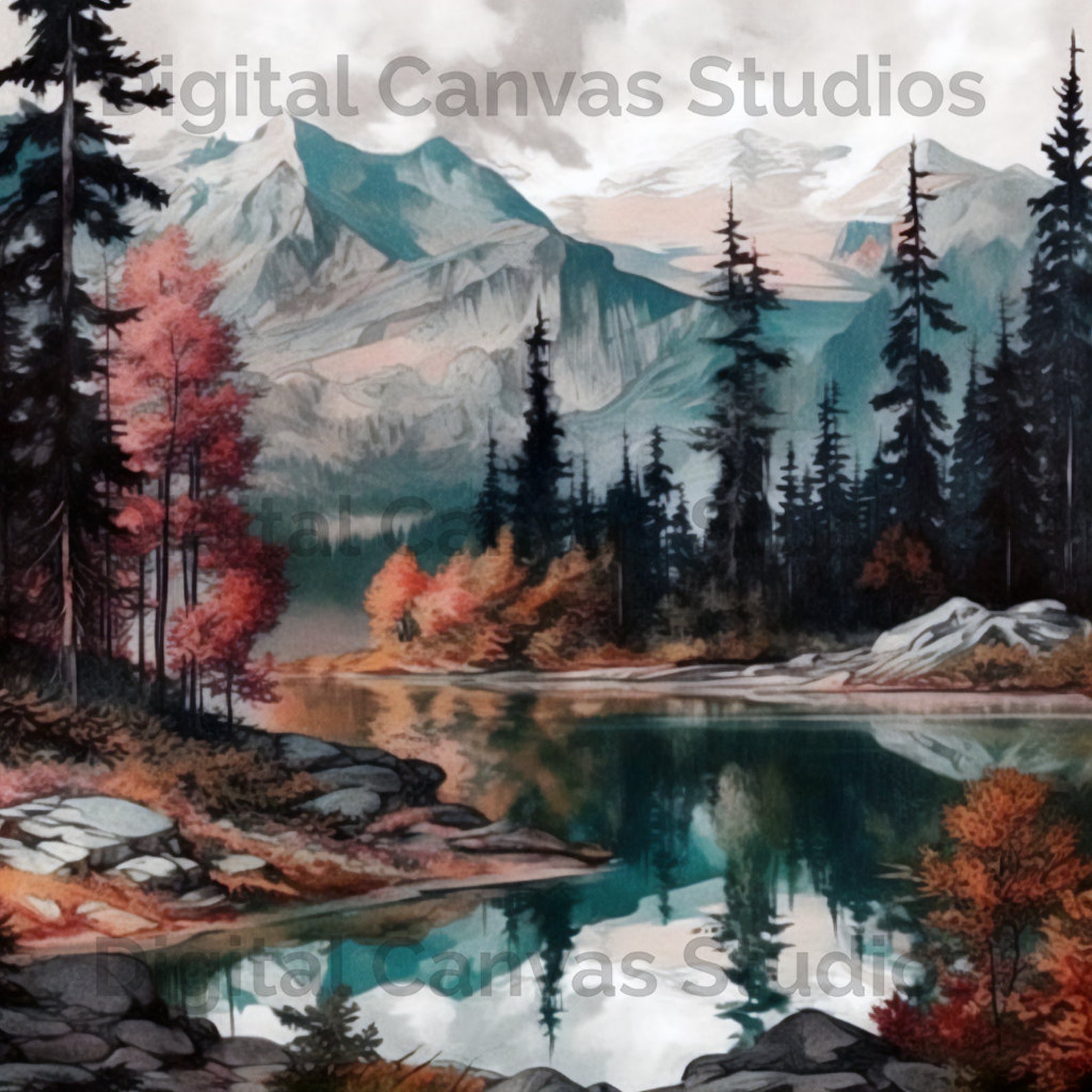 Vintage Lakeside, Majestic Peaks, Mist, Forest, Diffused Color Palette ...