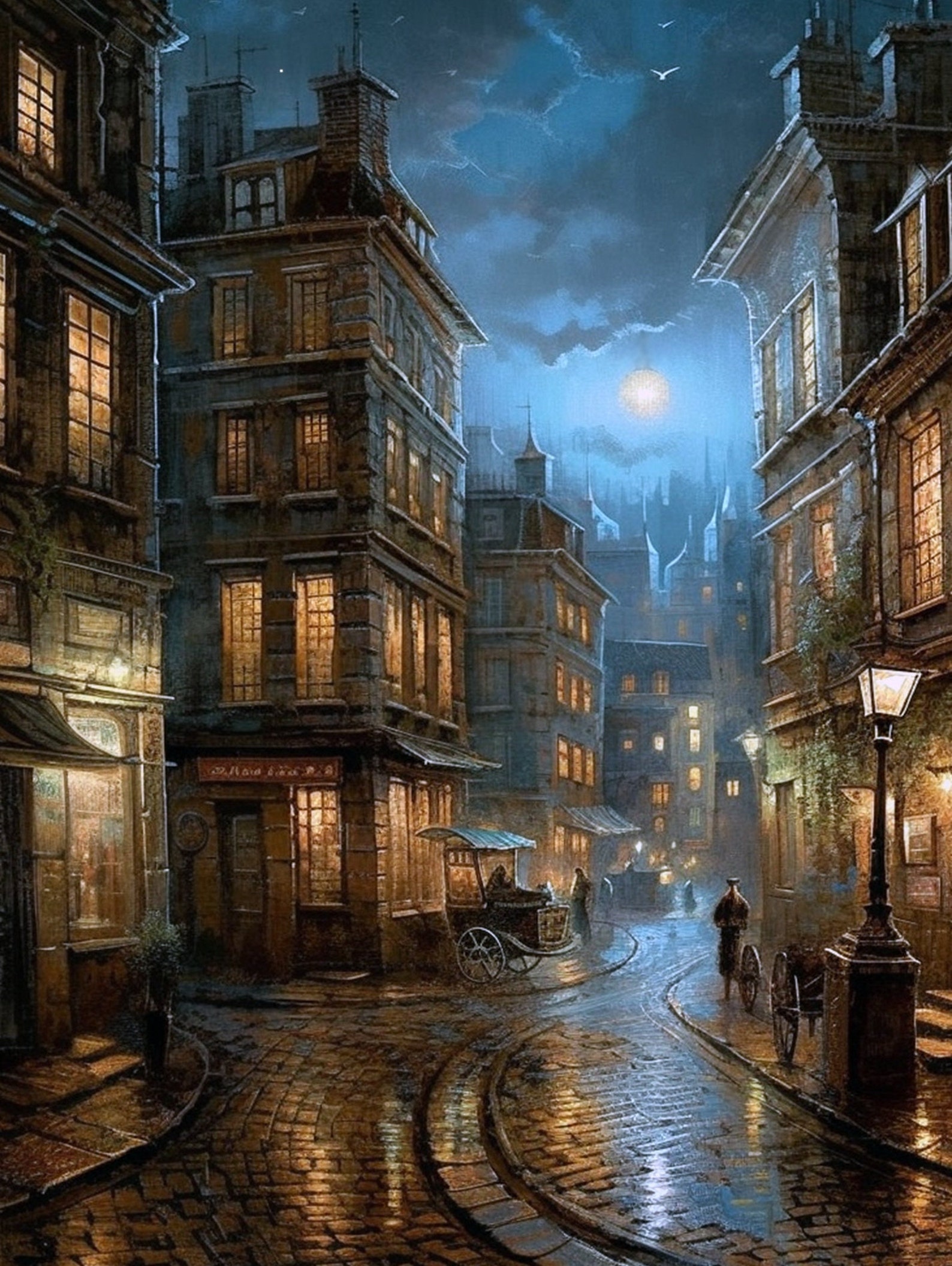 Glowing City Street, Cobblestone Street, Architecture, Digital Art, A.I ...