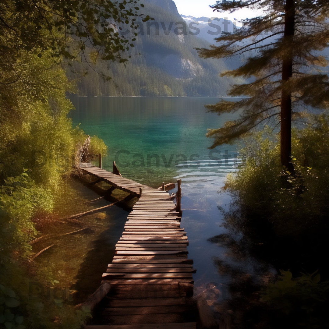 Lakeside Walkway, Water, Serene, Lake Art, Digital Art, Home Decor ...