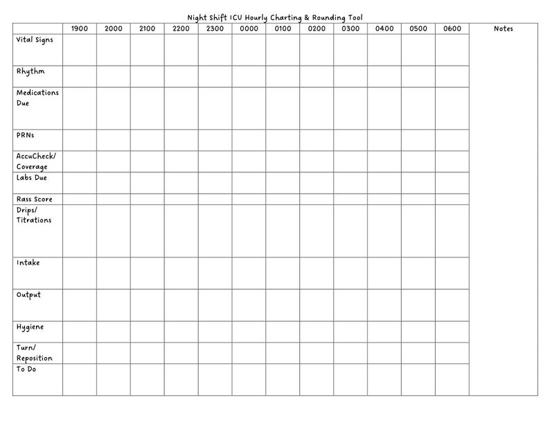 ICU Hourly Rounding and Charting Tool for Nurses - Digital Download - Etsy