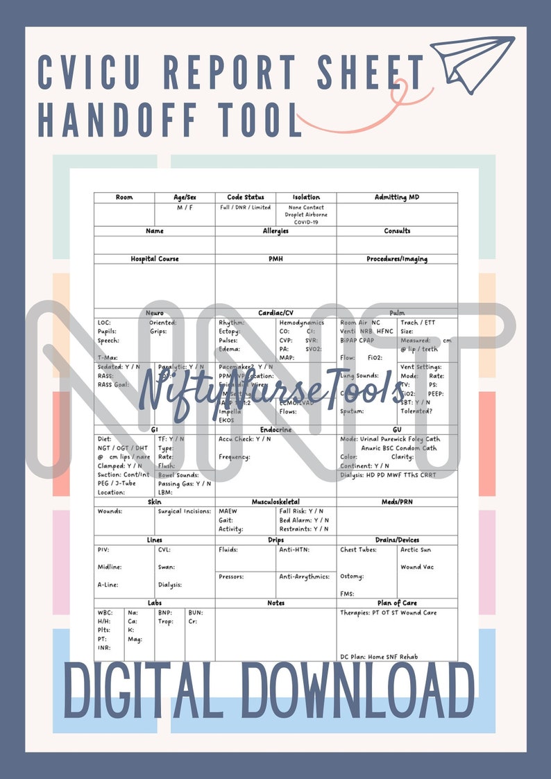 CVICU Handoff Report Sheet Tool for Nurses - Digital Download - Etsy