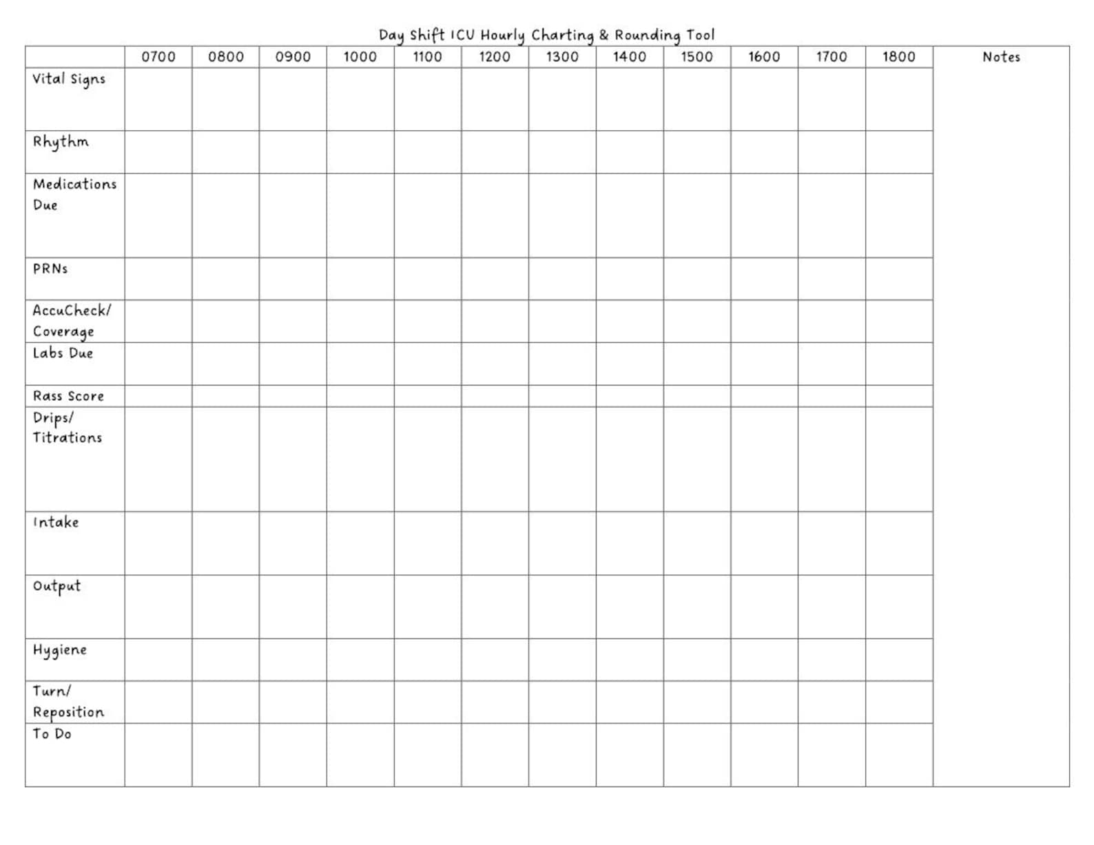 ICU Hourly Rounding and Charting Tool for Nurses - Digital Download - Etsy