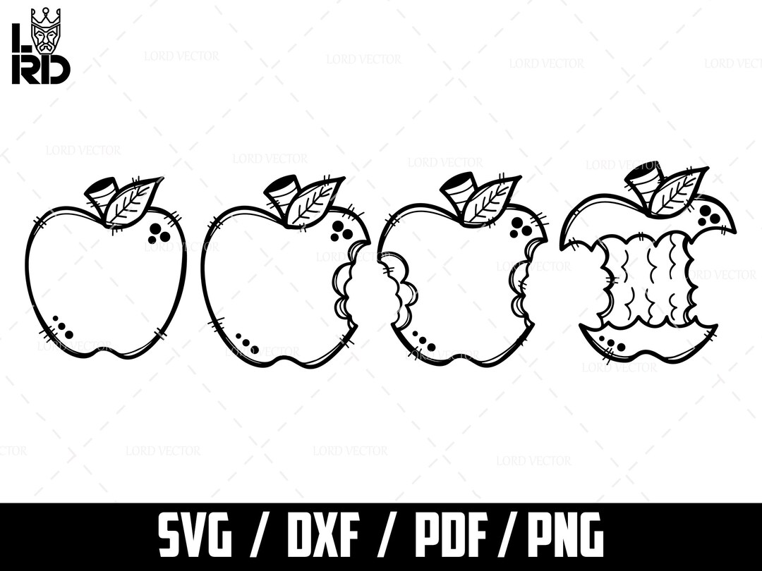 4 Doodle Apple Svg Bundle, Hand Drawn Apple Png, Fruit Silhouette, Line ...