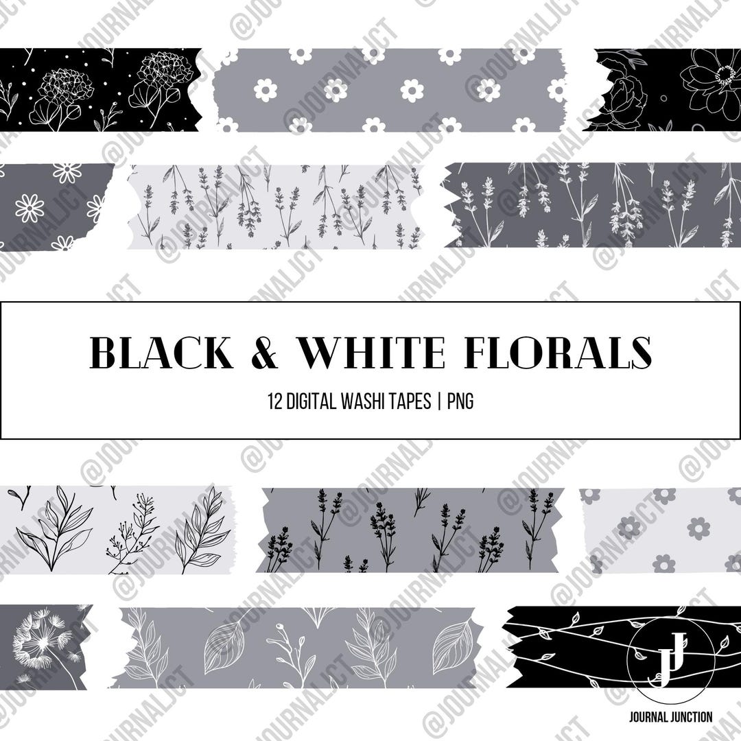 12 Black and White Florals Digital Washi Tape PNG Stickers: Goodnotes ...