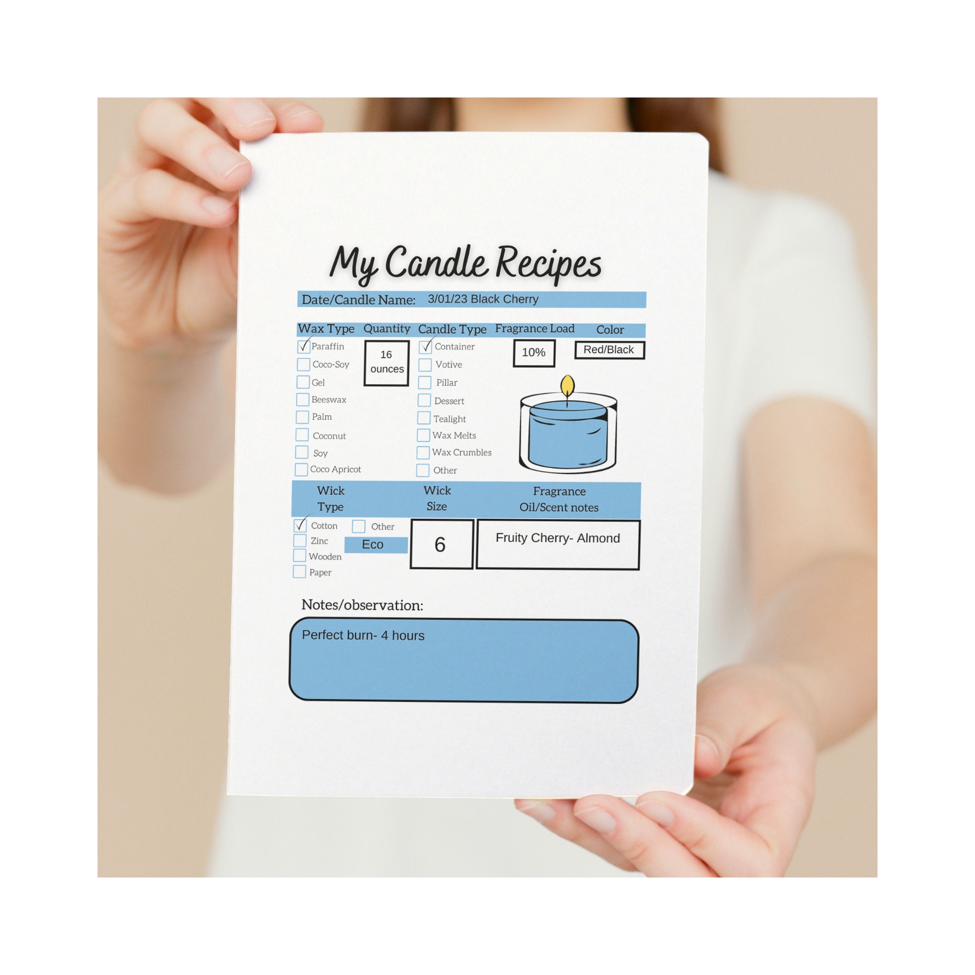 Printable Editable Candle Canva Recipe Log Worksheet Template Candle ...