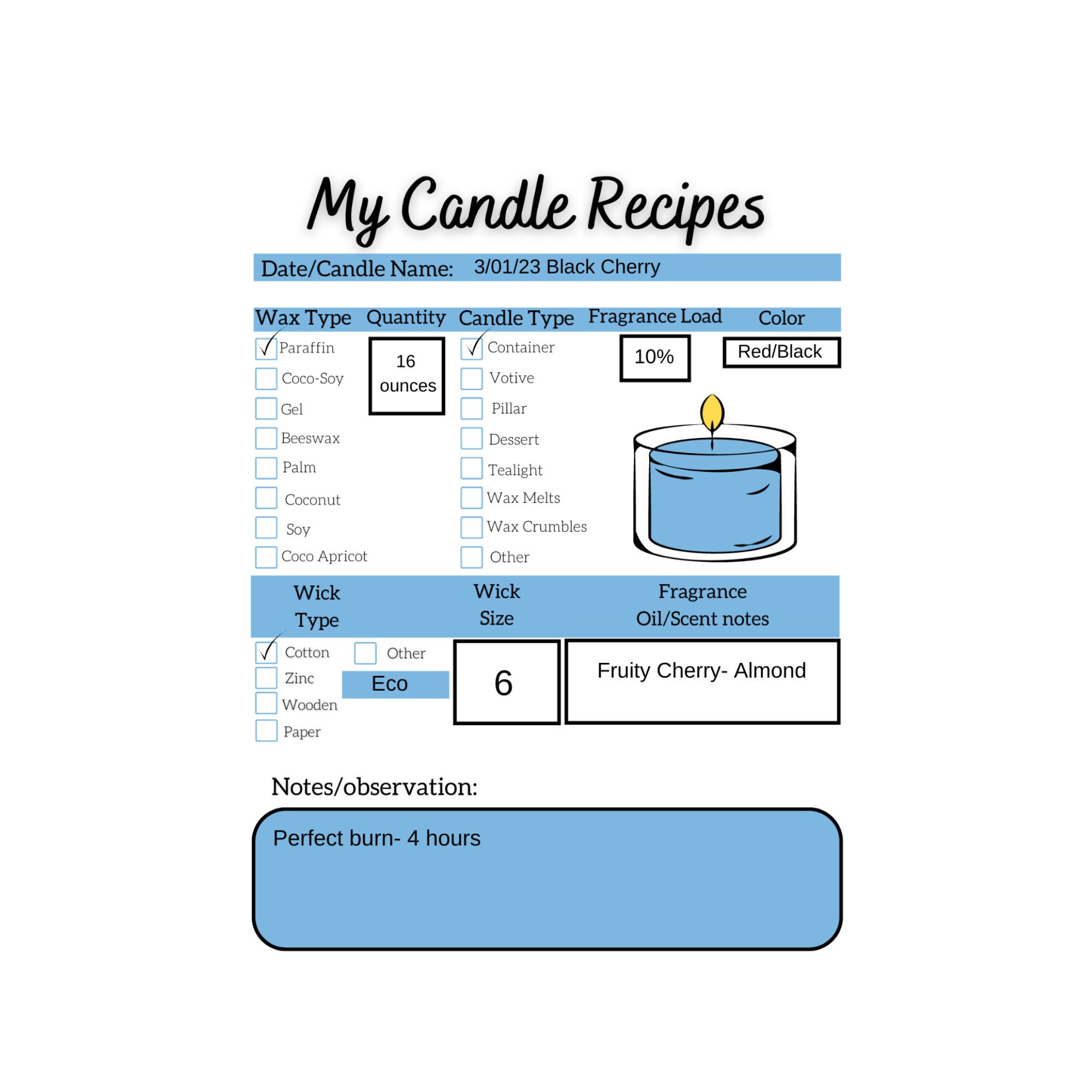 Printable Editable Candle Canva Recipe Log Worksheet Template Candle ...