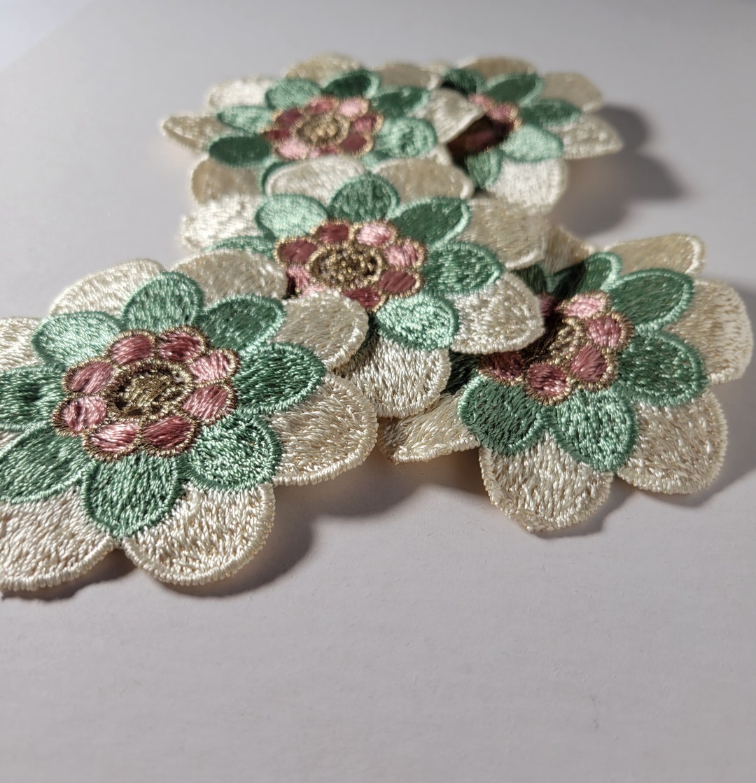 Embroidered Flower Appliques: Sage, Cream & Pink Sewing Embellishments ...