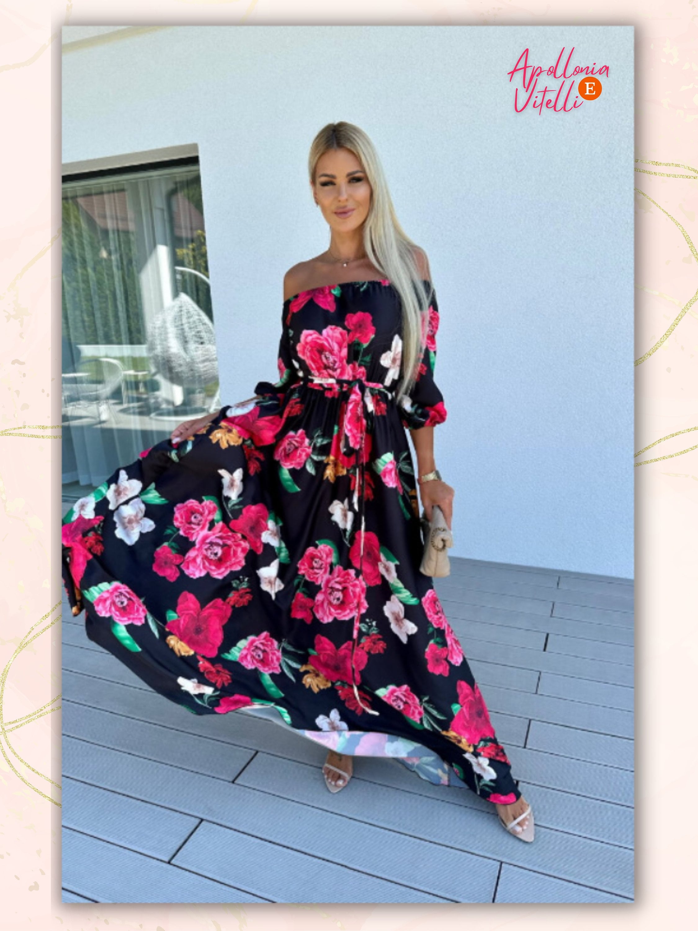 Mediterranean Summer Dress off Shoulder 3/4 Sleeve Waist Wrap Long ...