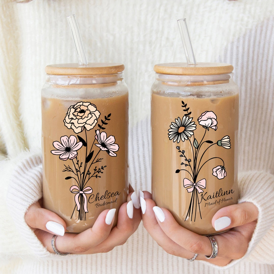 Personalized Coquette Birth Flower Iced Coffee Cup Custom Glass Cup ...