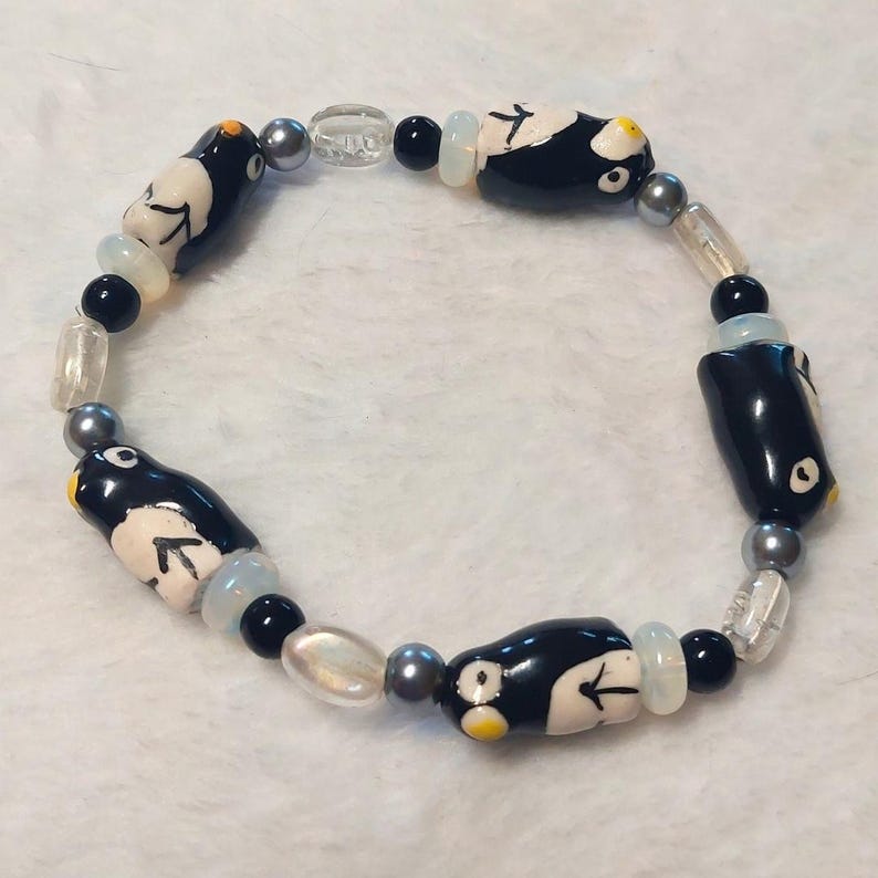 Penguin Beaded Bracelet - 8.5” Black & White Ceramic and Glass Beads ...
