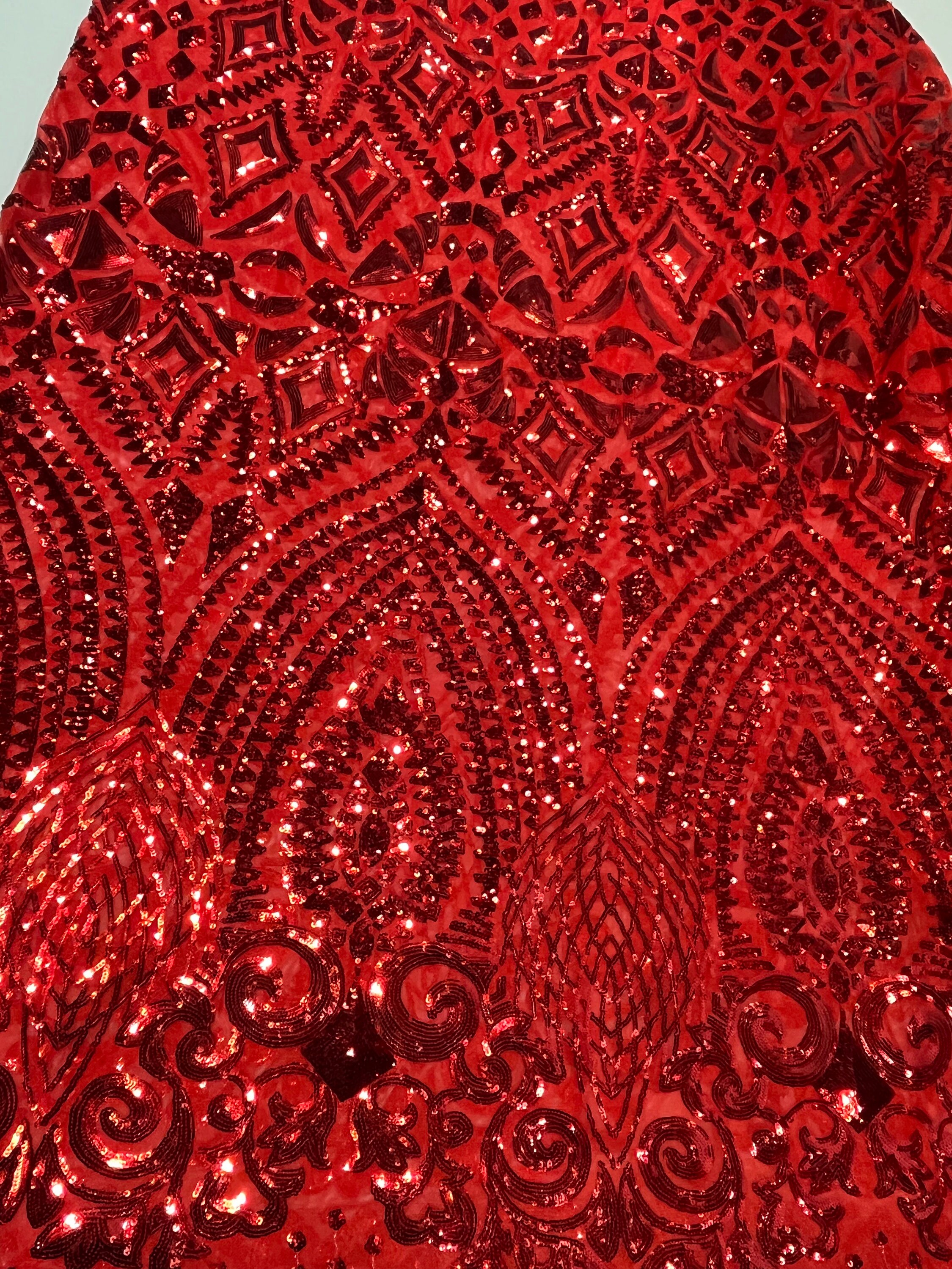 RED Exotic Stretch Sequin Lace Fabric/ Stretch Sequins Fabric/ Red ...