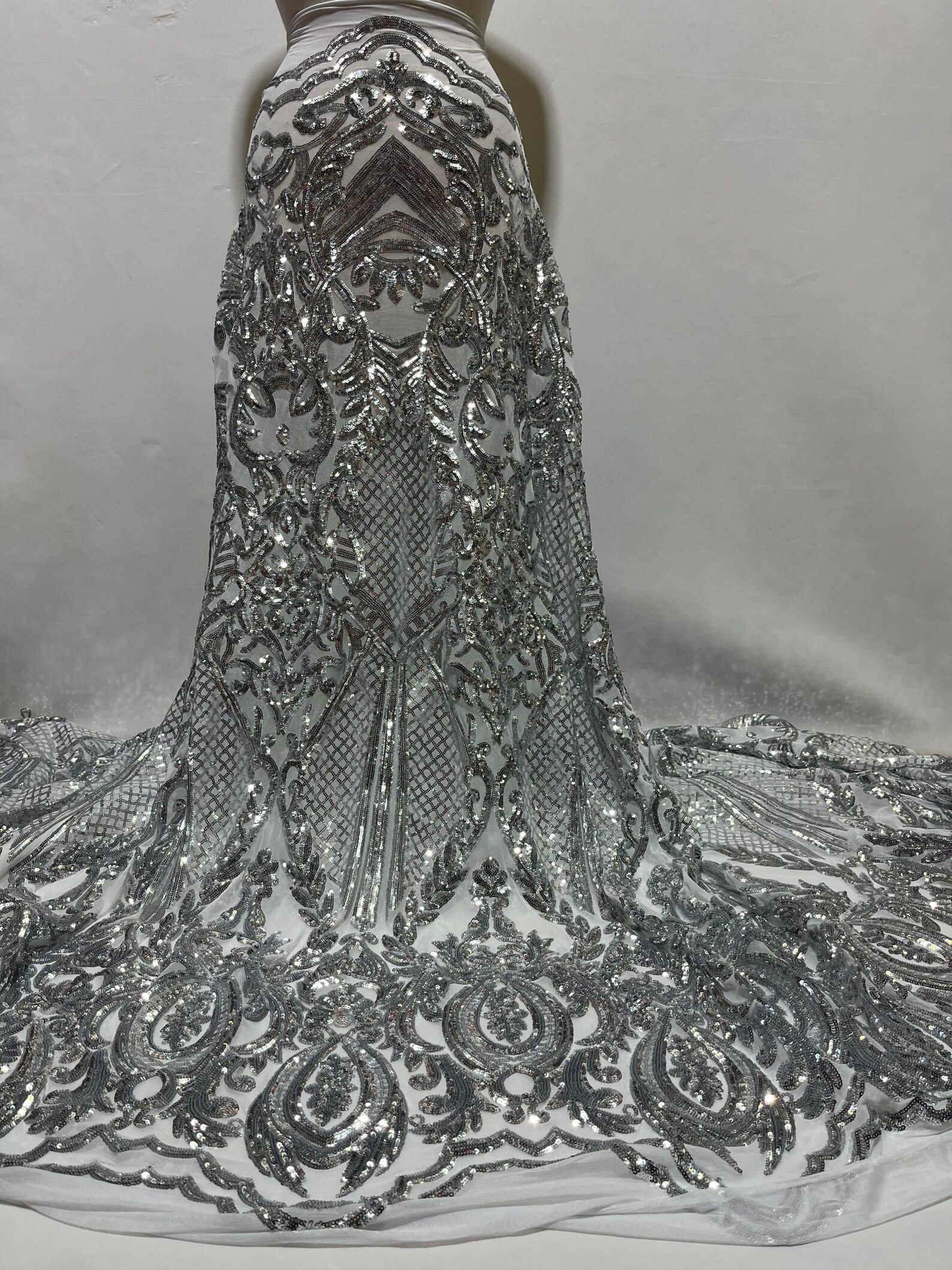 Silver Stretch Sequin Fabric/ 4 Way White Stretch Mesh With Silver ...