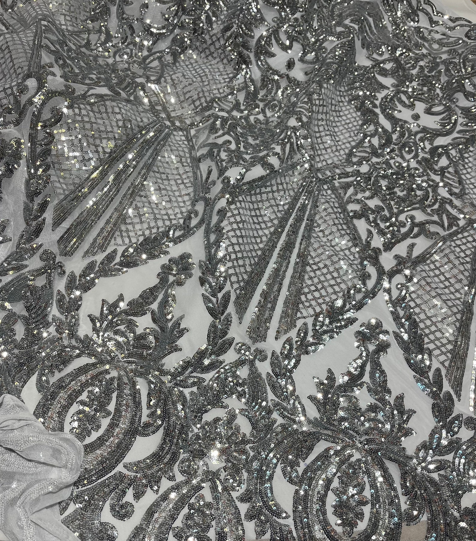 Silver Stretch Sequin Fabric/ 4 Way White Stretch Mesh With Silver ...