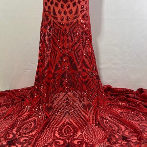 RED Exotic Stretch Sequin Lace Fabric/ Stretch Sequins Fabric/ Red ...