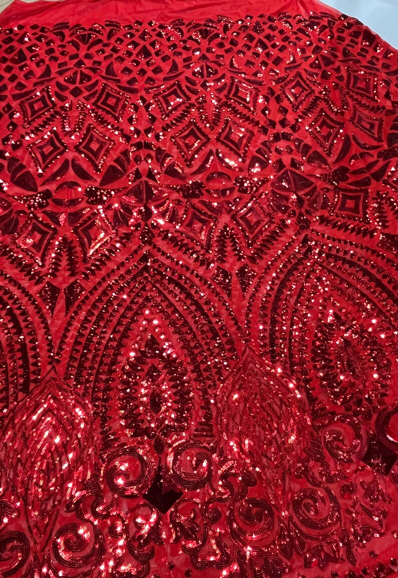 RED Exotic Stretch Sequin Lace Fabric/ Stretch Sequins Fabric/ Red ...