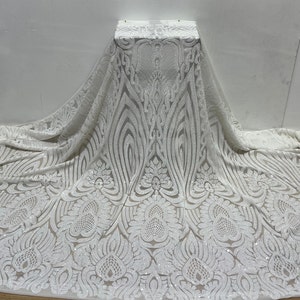 WHITE Stretch Sequin Fabric/ White 4 Way Stretch Mesh White Sequin ...