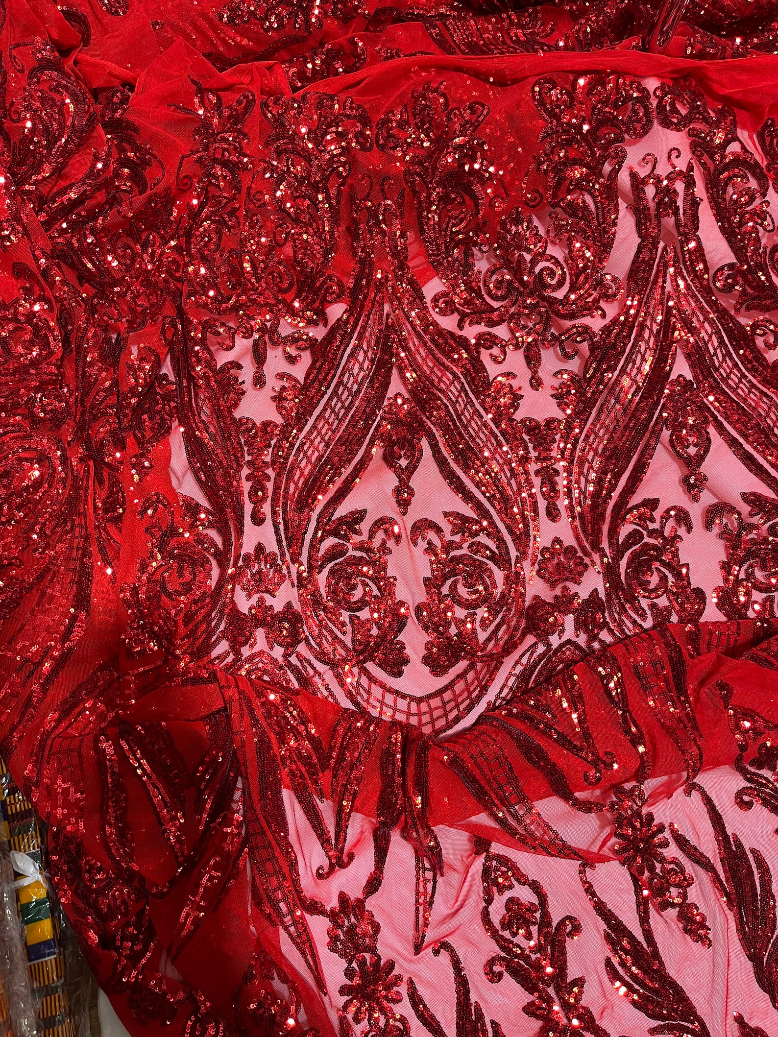 RED Exotic Stretch Sequin Lace Fabric/ Stretch Sequins Fabric/ Red ...