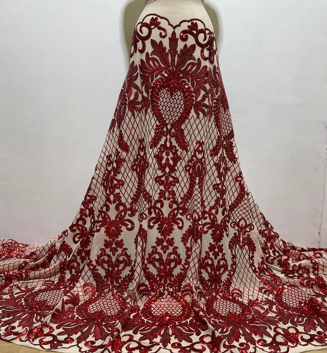 Exclusive RED Sequin Fabric/4 Way Stretch Nude Mesh & Red 3mm Sequin ...