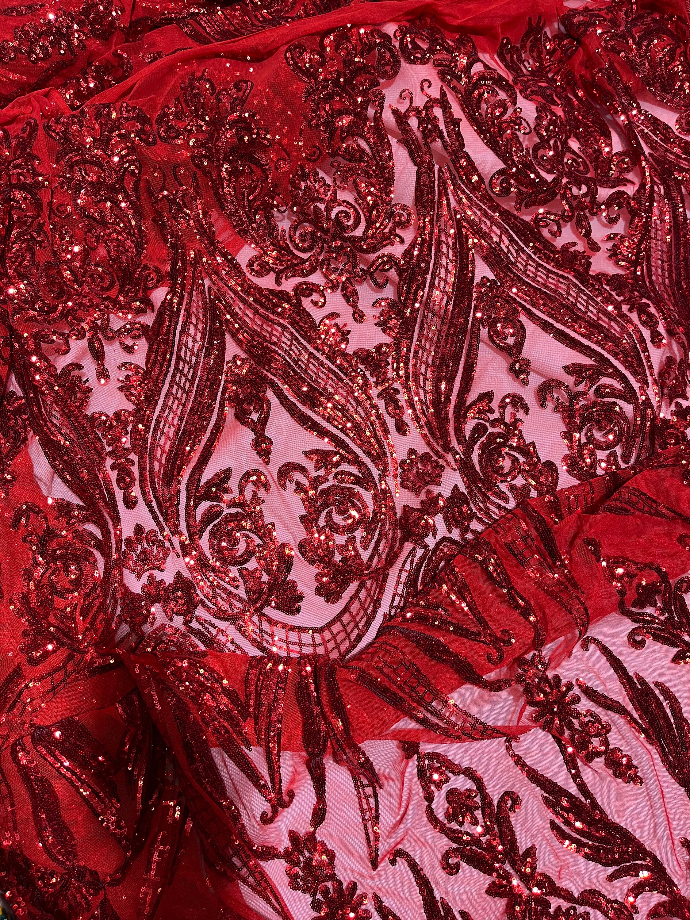 RED Exotic Stretch Sequin Lace Fabric/ Stretch Sequins Fabric/ Red ...
