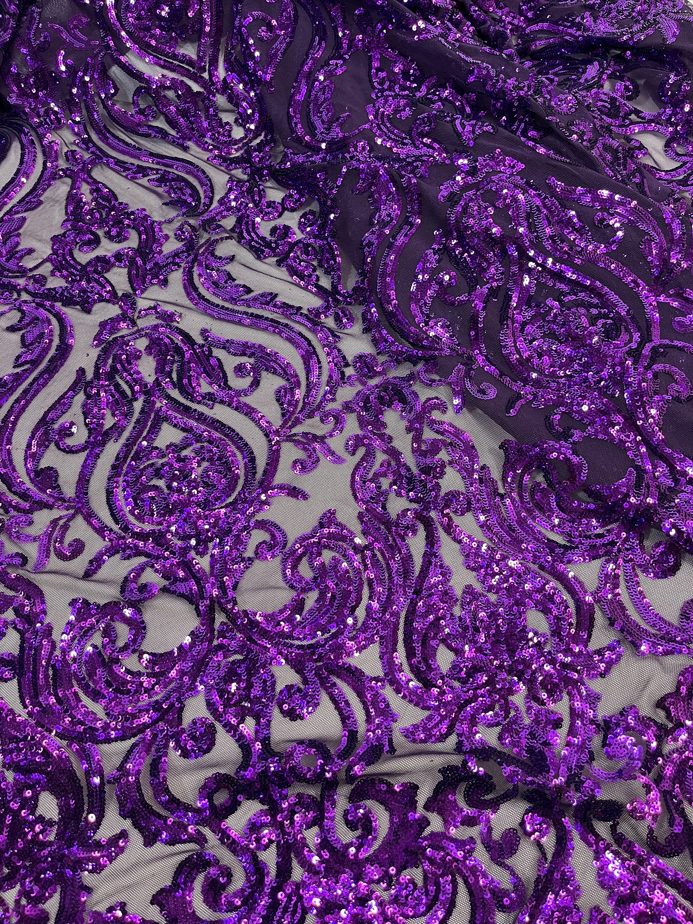 Purple Sequin Fabric | 4 Way Mesh Lace Purple Sequin Fabric- 54” Width ...