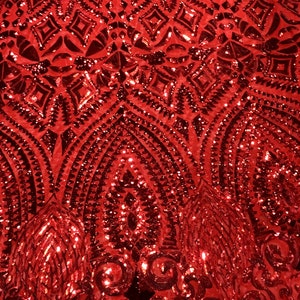 RED Exotic Stretch Sequin Lace Fabric/ Stretch Sequins Fabric/ Red ...