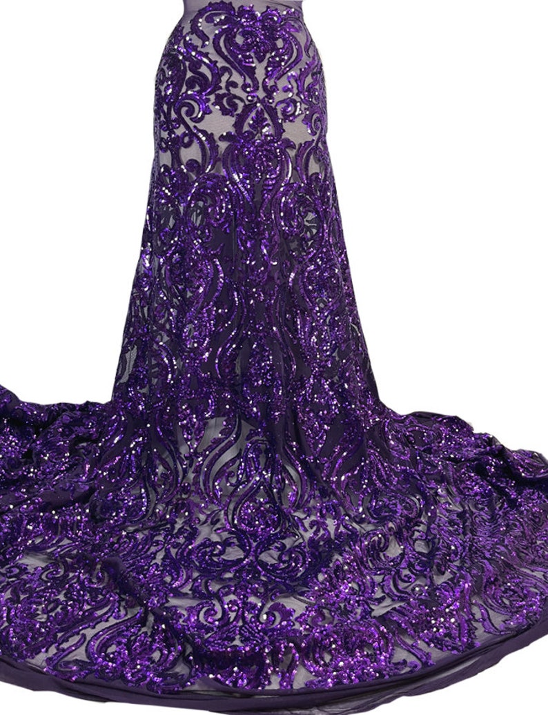 Purple Sequin Fabric | 4 Way Mesh Lace Purple Sequin Fabric- 54” Width ...