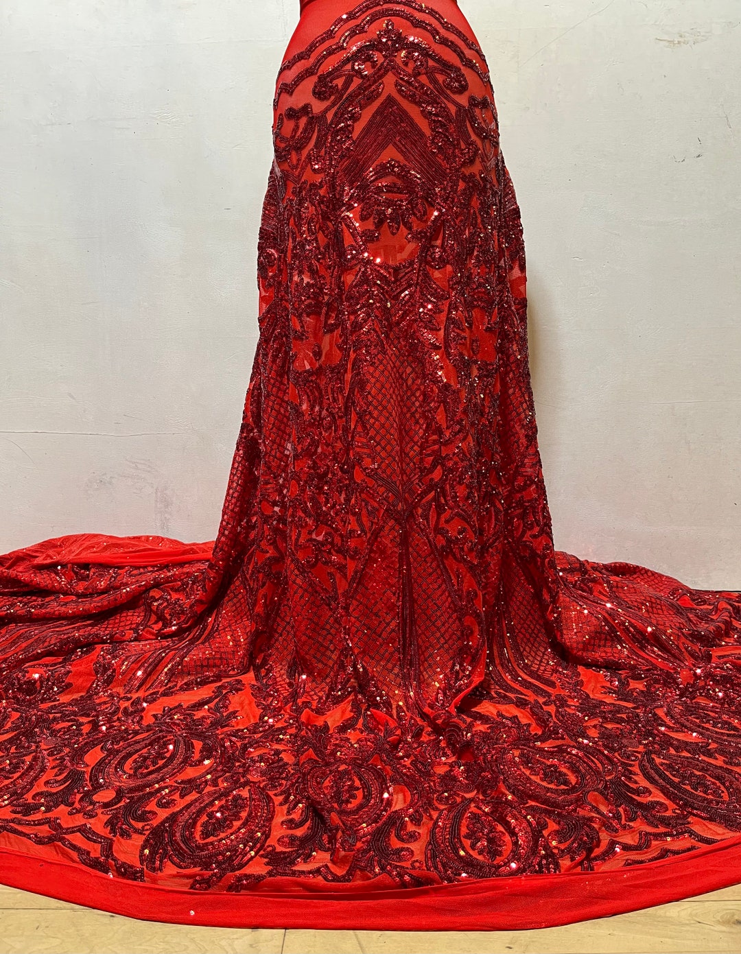 RED Exotic Stretch Sequin Lace Fabric/ Stretch Sequins Fabric/ - Etsy