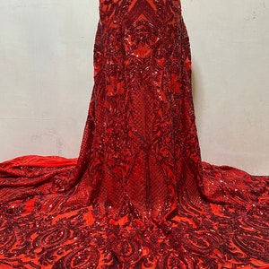 RED Exotic Stretch Sequin Lace Fabric/ Stretch Sequins Fabric/ Red ...