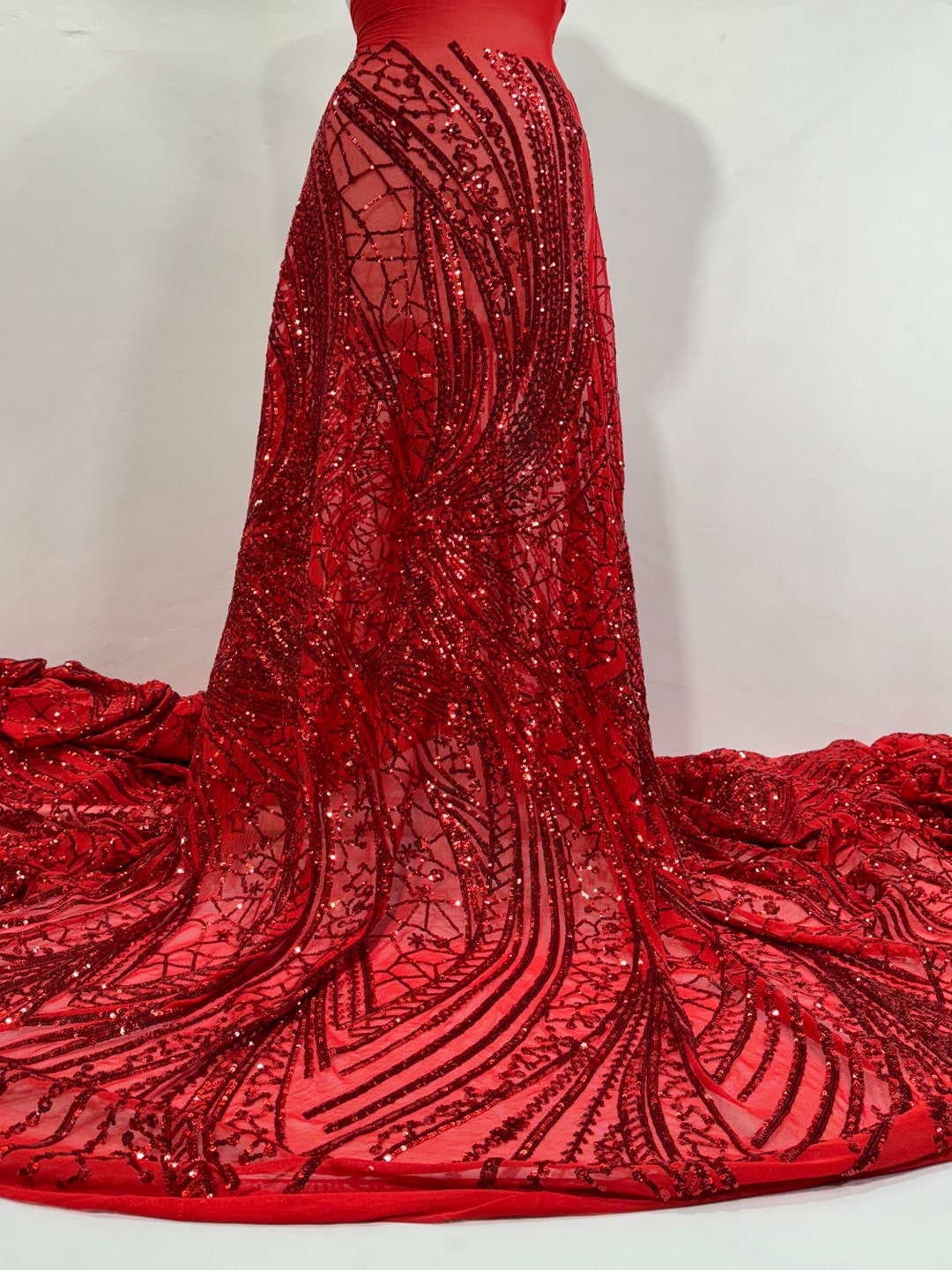 RED Exotic Stretch Sequin Lace Fabric/ Stretch Sequins Fabric/ Red ...