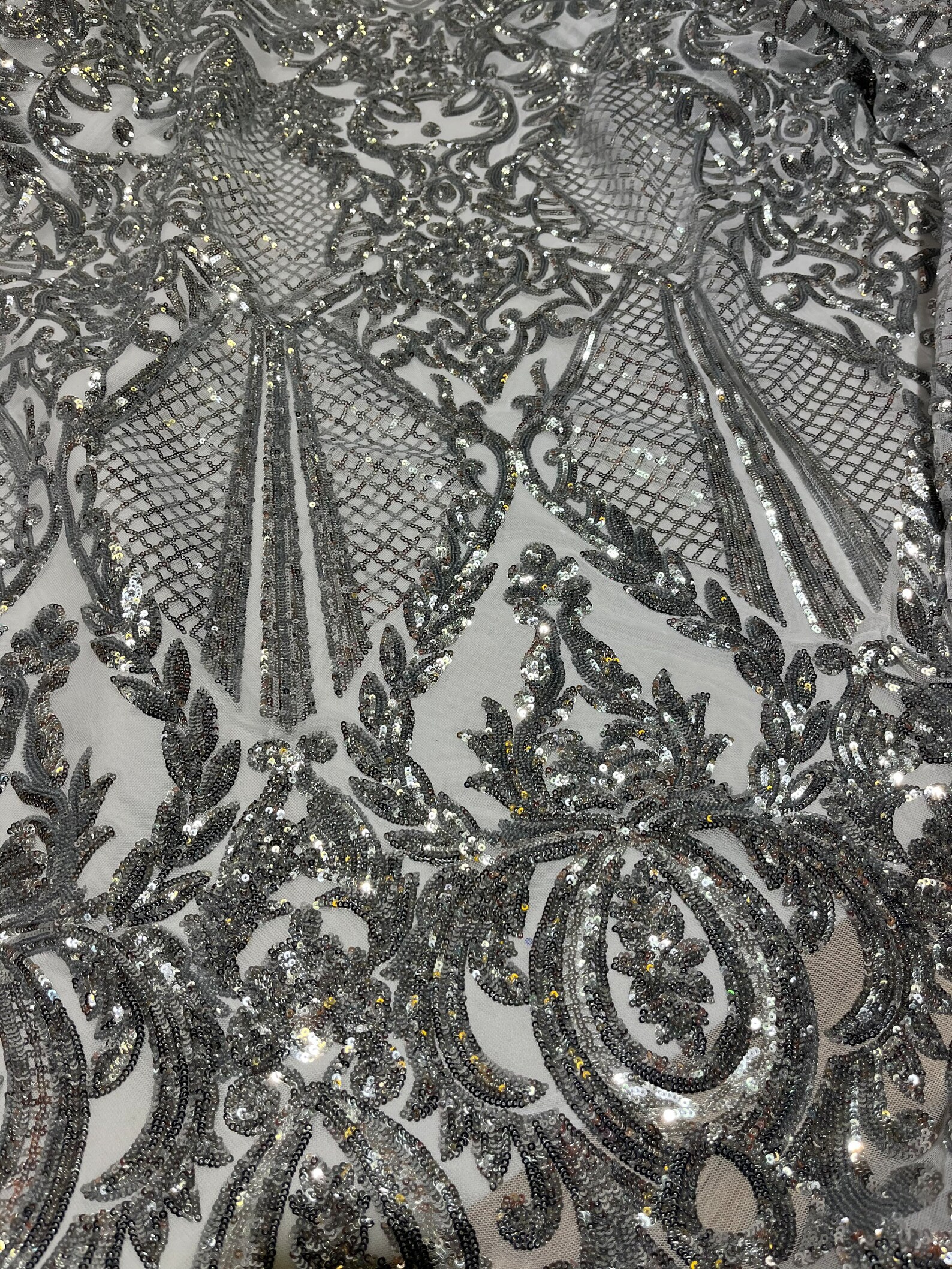 Silver Stretch Sequin Fabric/ 4 Way White Stretch Mesh With Silver ...