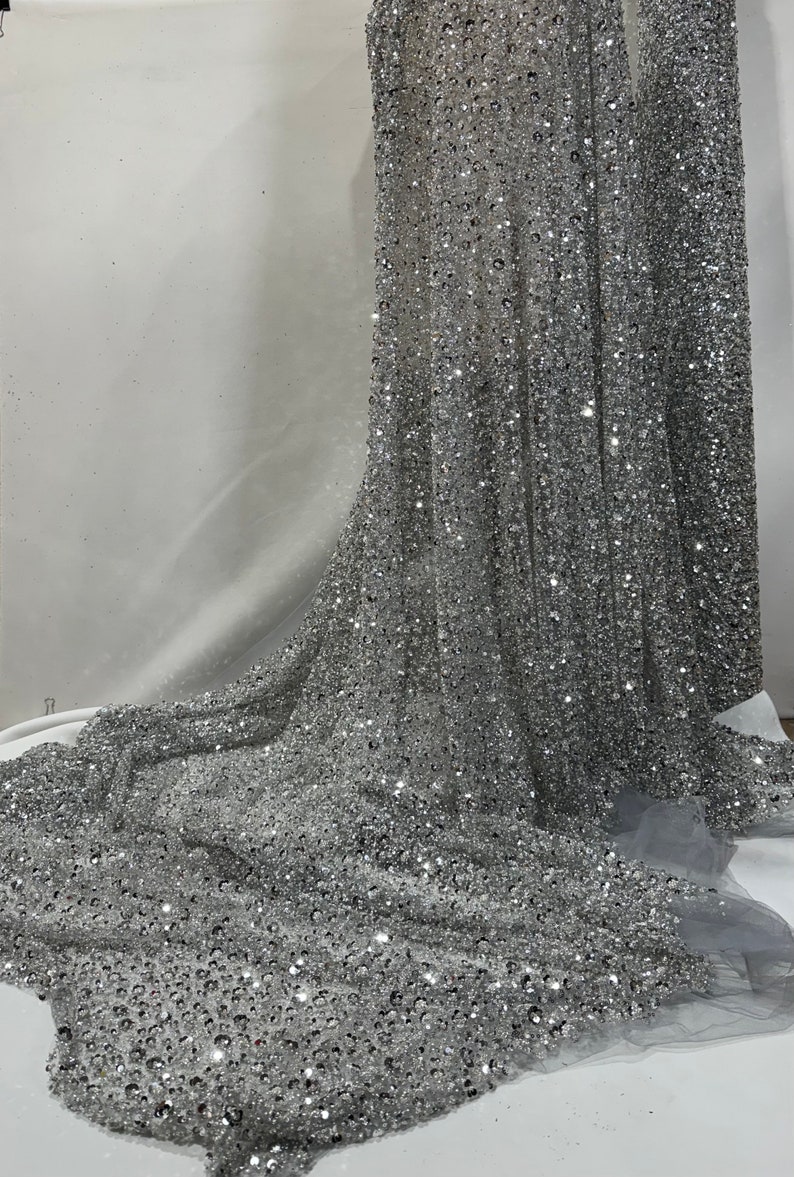 Silver Lace Fabric | Silver Beaded Sequins Mesh Lace Fabric. Perfect ...