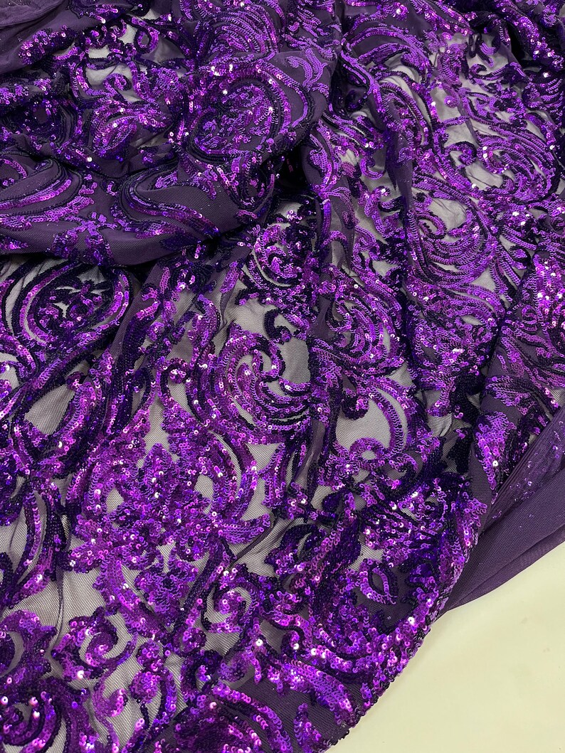 Purple Sequin Fabric | 4 Way Mesh Lace Purple Sequin Fabric- 54” Width ...
