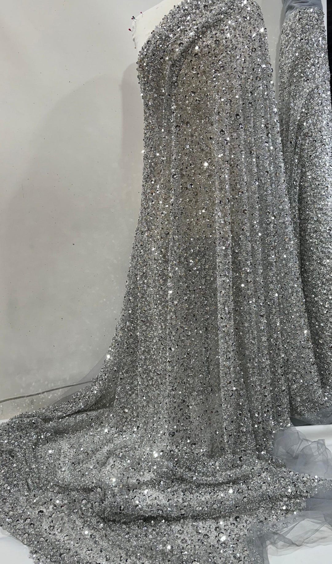 Silver Lace Fabric | Silver Beaded Sequins Mesh Lace Fabric. Perfect ...