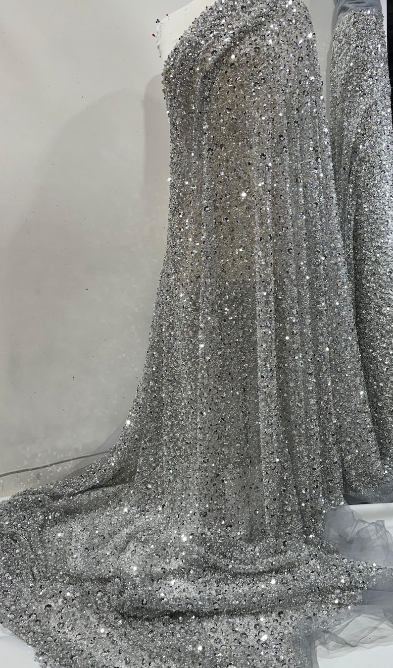 Silver Lace Fabric | Silver Beaded Sequins Mesh Lace Fabric. Perfect ...