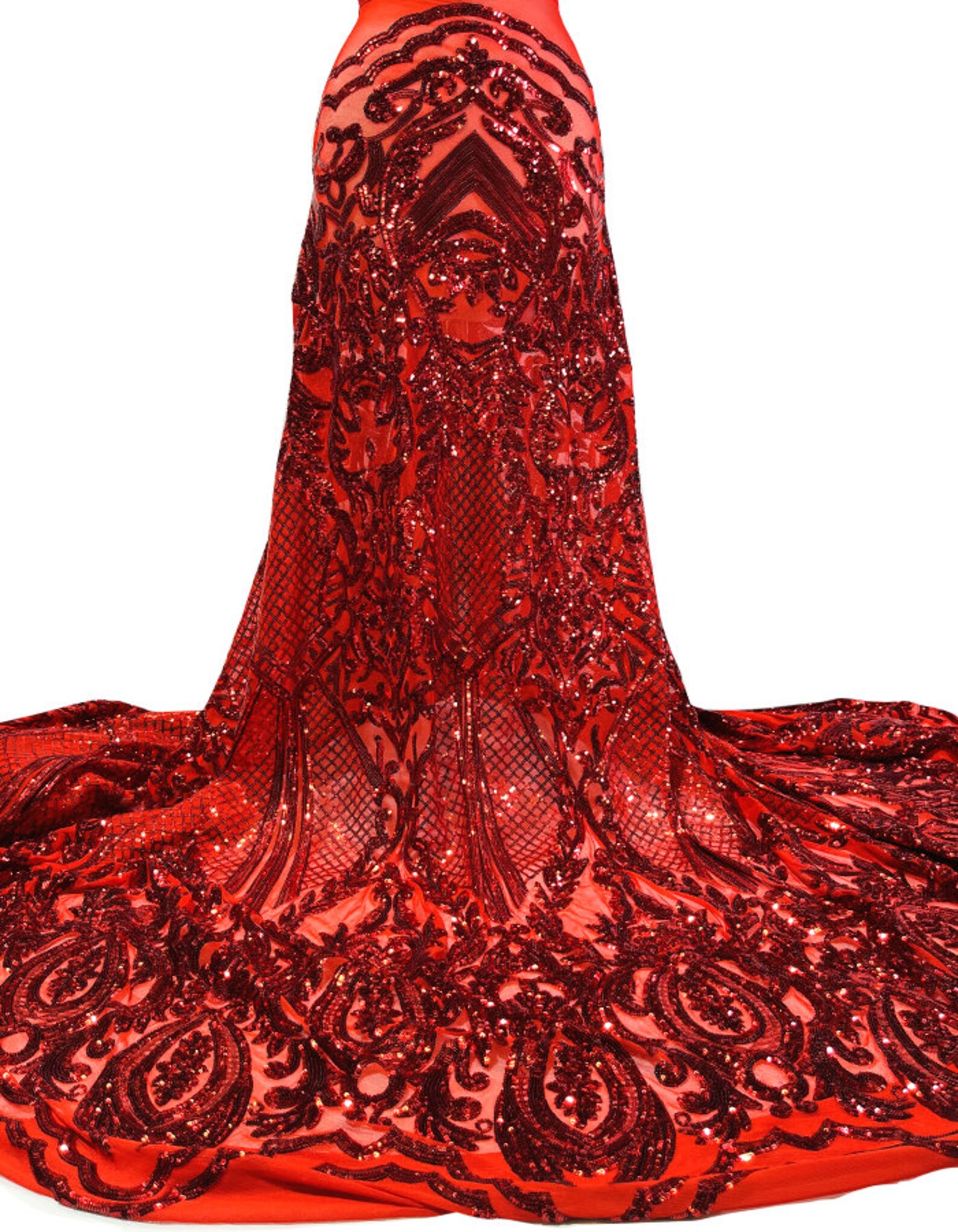 RED Exotic Stretch Sequin Lace Fabric/ Stretch Sequins Fabric/ Red ...