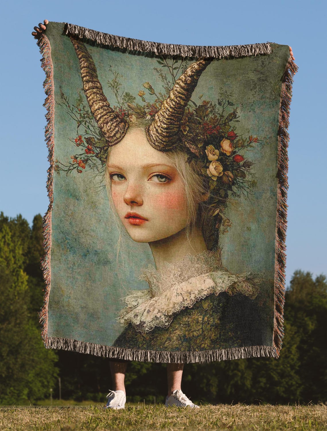 Woodland Sprite Woven Blanket Mystical Woman With Antlers, Vintage ...