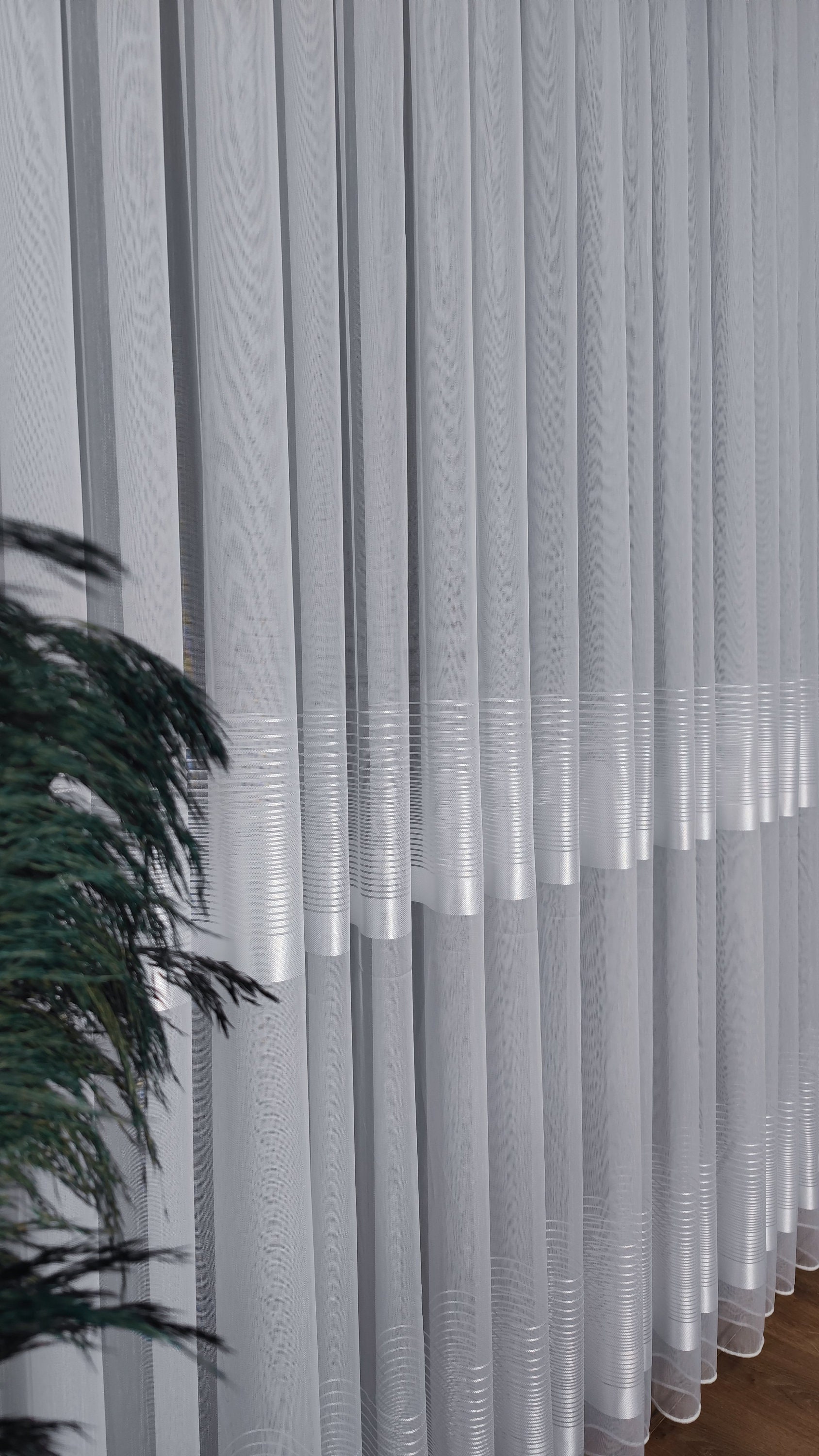 Triple French Pleated White Linen Striped Sheer Curtains for Living ...