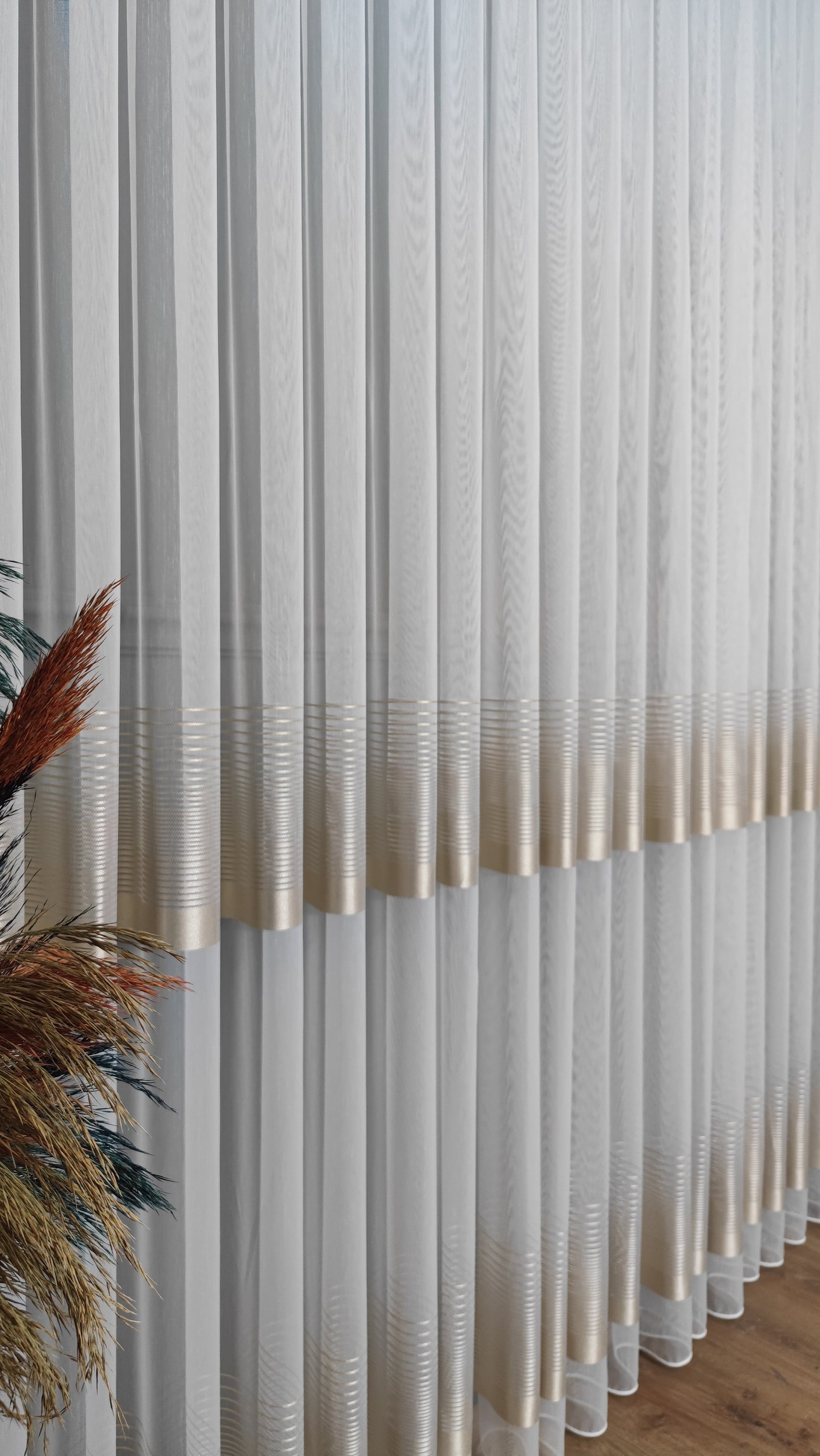 Triple French Pleated White Linen Striped Sheer Curtains for Living ...