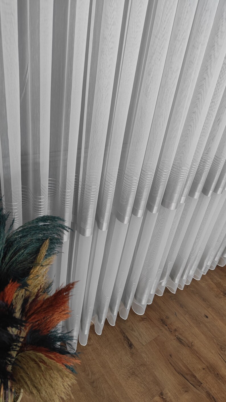 Modern White Linen Striped Sheer Curtains for Living Room, Custom Size ...