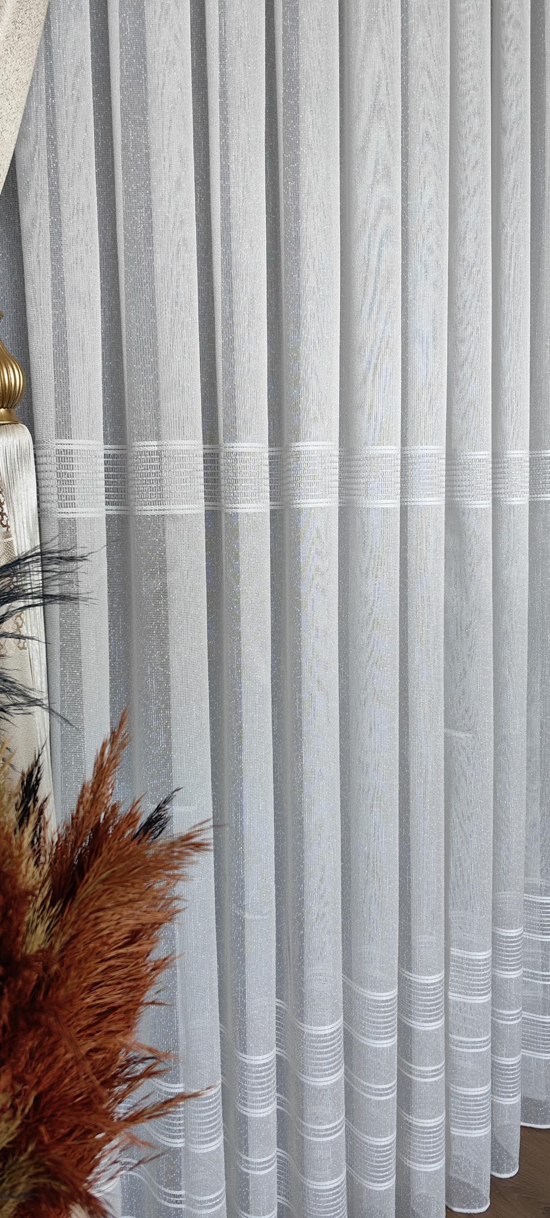 Silver Shiny Stripe White Linen Sheer Curtains for Living Room, Custom ...