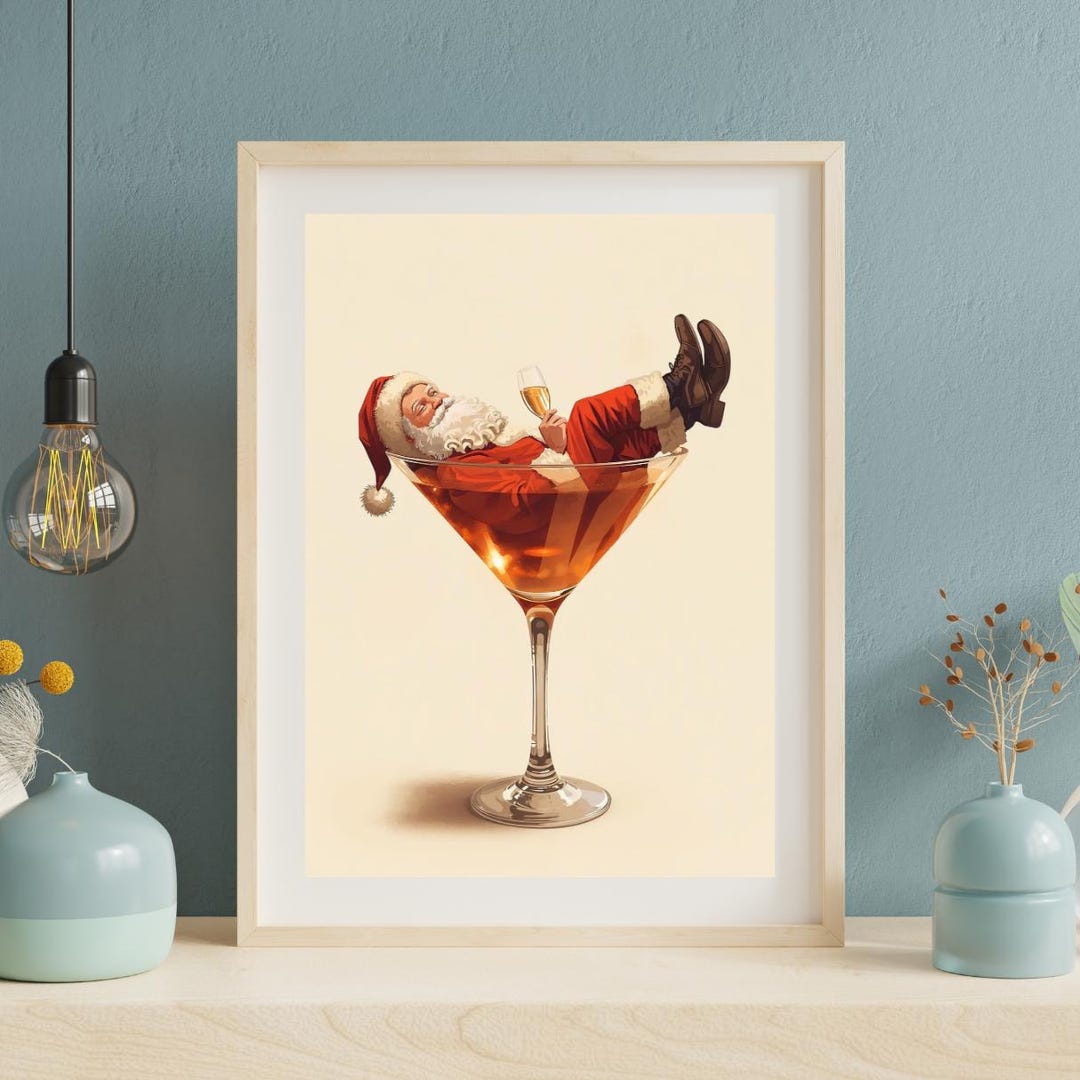 Vintage Santa in Cocktail Glass Poster - Etsy